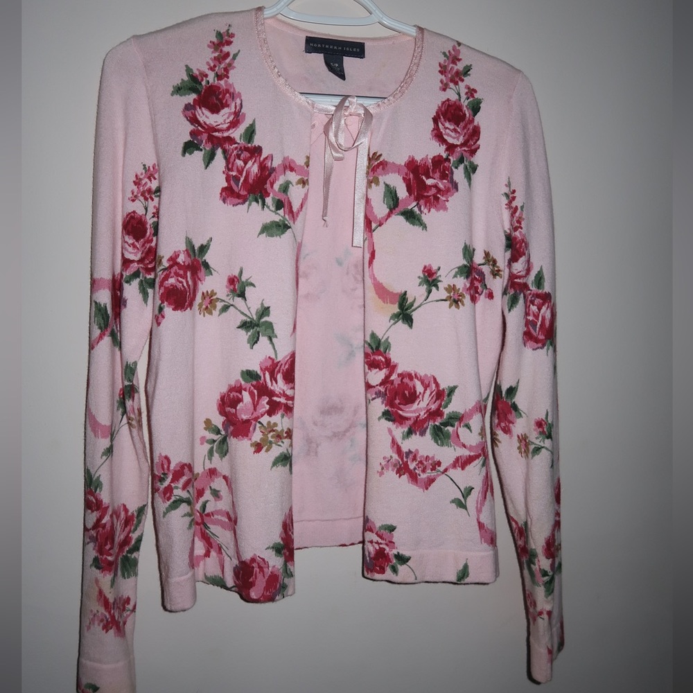 Northern Isles Cardigan Pink Floral Rose Pattern - Gem